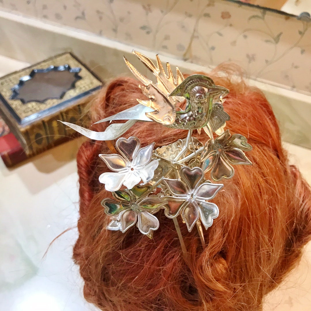 CHINESE Silver Bird HAIR Pin, Flowers and Dangling Tassels. Hair ...