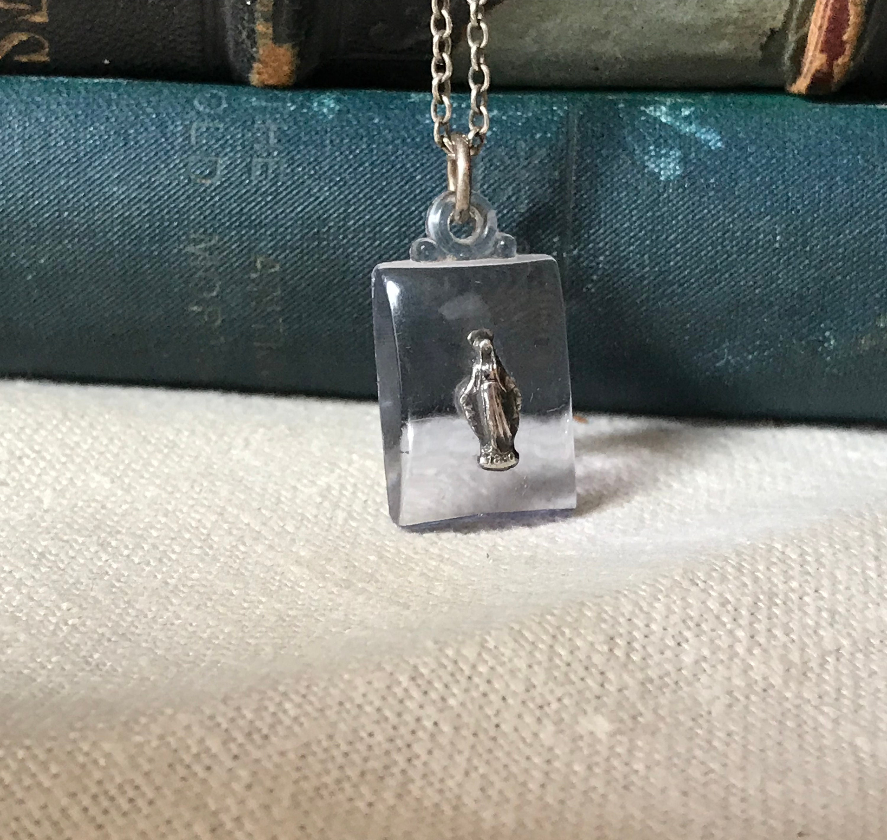 Sterling VIRGIN MARY 1830 Pendant, Necklace, Clear Plastic Lucite ...