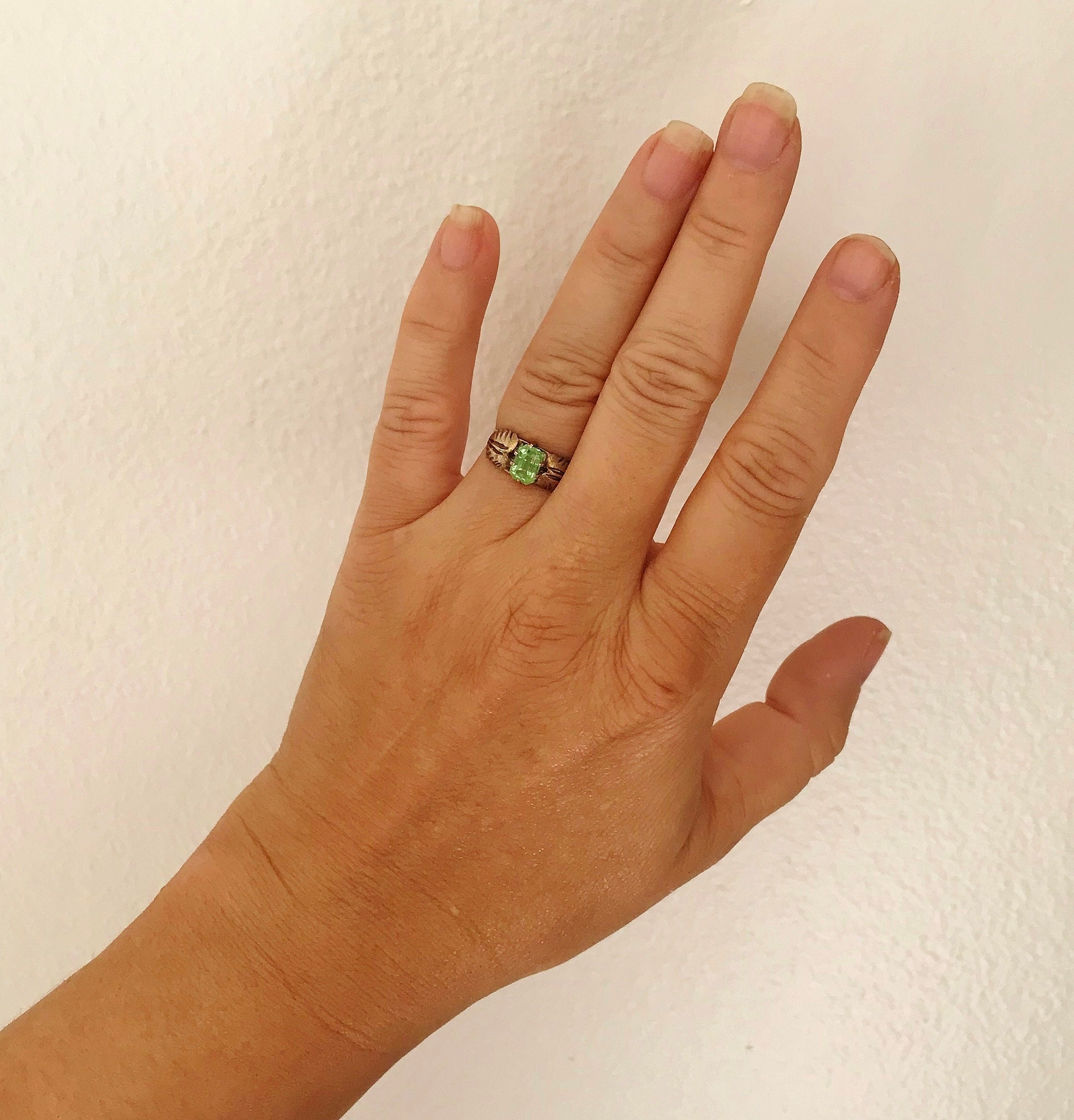 10k GOLD GREEN Stone RING, 2 Leaves, Antique Victorian Ring, Emerald ...
