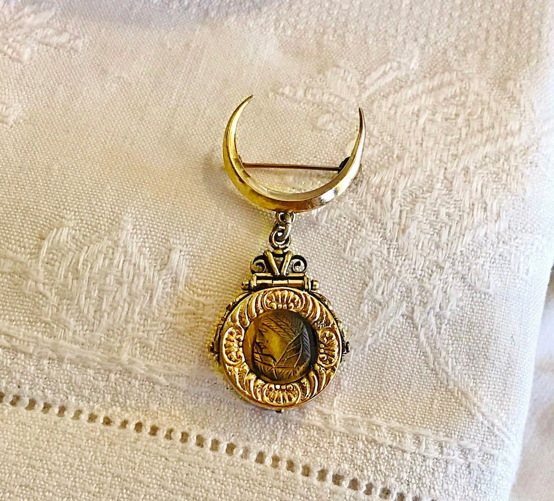 Victorian Tigers EYE CAMEO LOCKET, Gold Monogram, Crescent Pin, Hanging ...