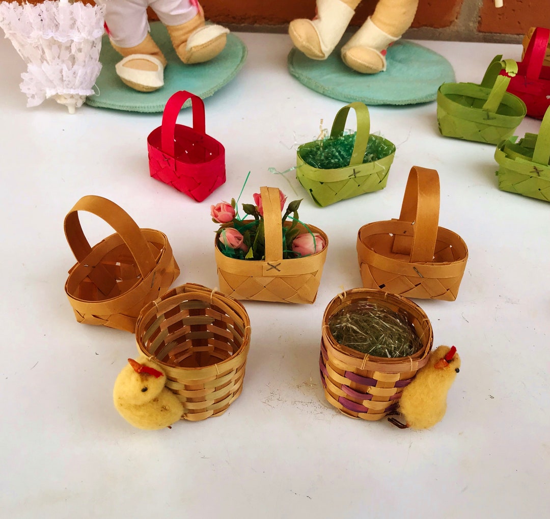 MINIATURE EASTER BASKETS, Made in Japan, Spun Cotton Chick, Hand Woven Splint Basket, Easter ...