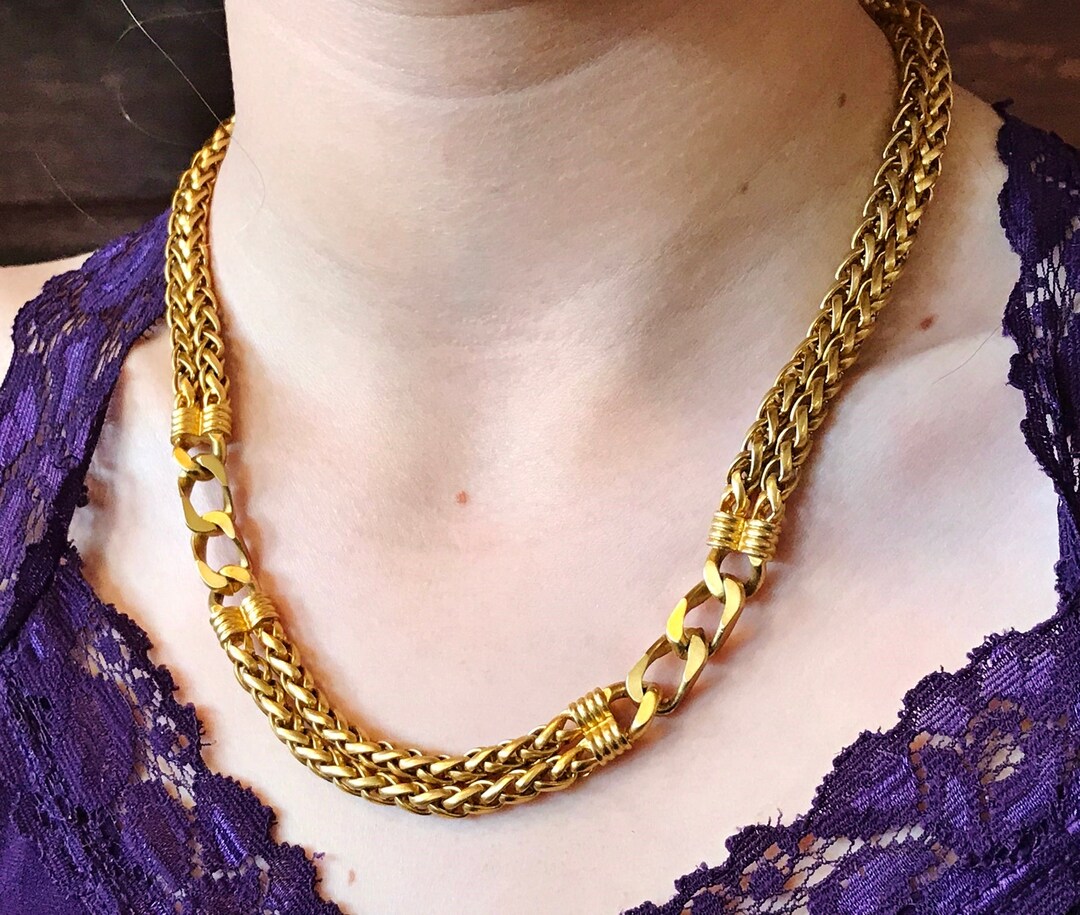 GIVENCHY DOUBLE WHEAT Chain Necklace, Vintage Gold Tone Metal Chain ...