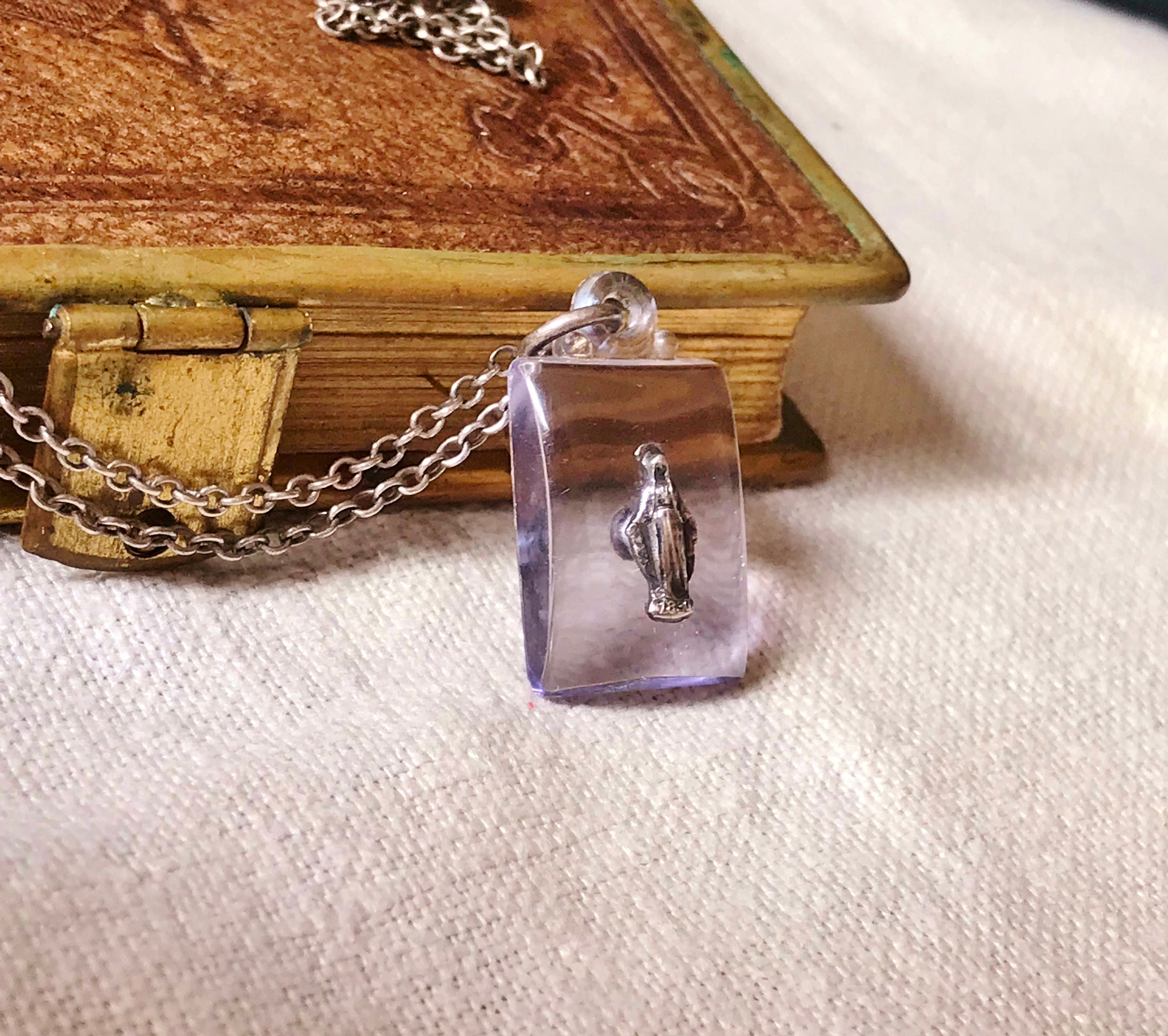 Sterling VIRGIN MARY 1830 Pendant, Necklace, Clear Plastic Lucite ...