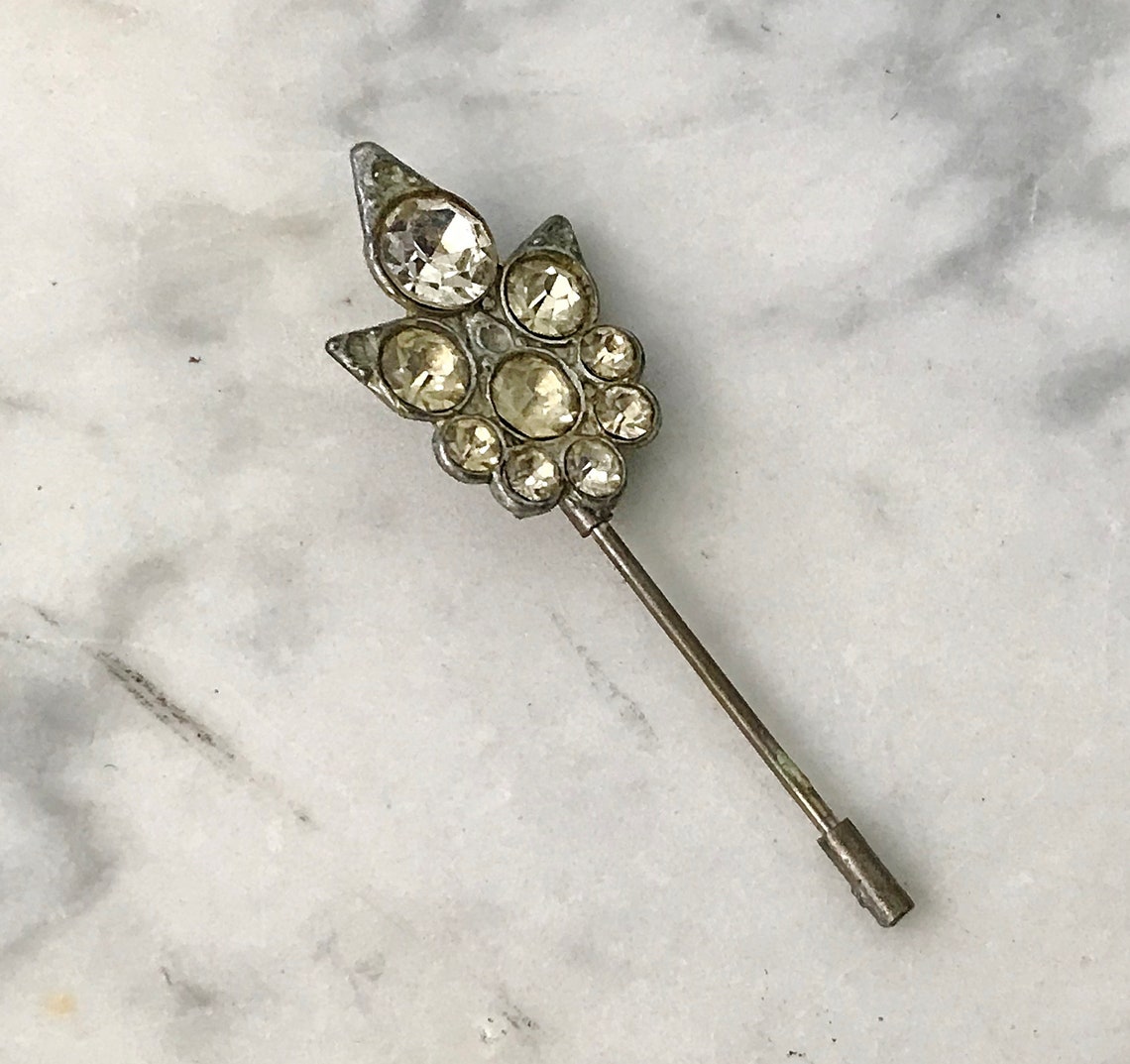 ANTIQUE RHINESTONE HATPIN, Art Deco, French Gray Metal, Stickpin Scarf ...