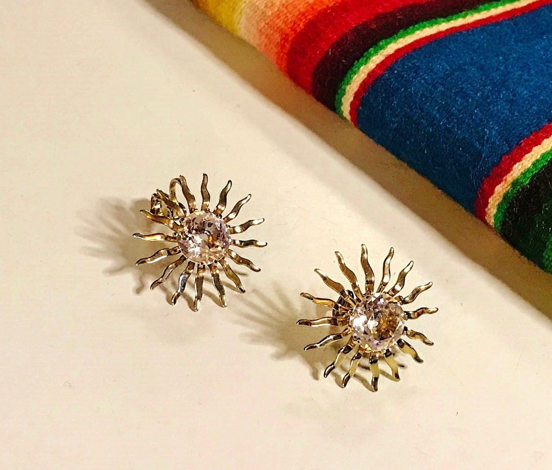 SUN Clip EARRINGS by SAC, Gold Tone Metal, Rhinestones, Vintage Sarah ...