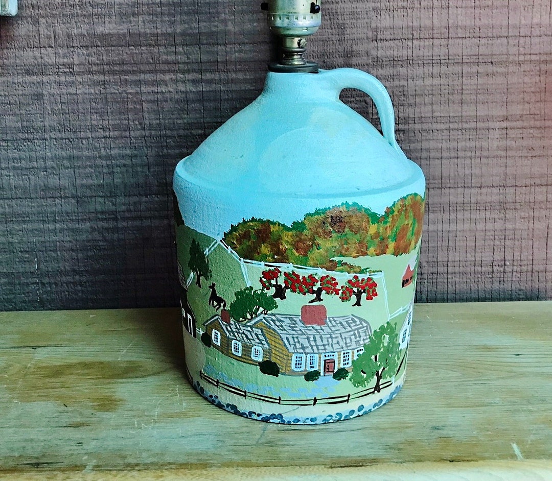 GRANDMA MOSES Style Whiskey Jug LAMP, Signed Bonnie Taylor and Martha ...