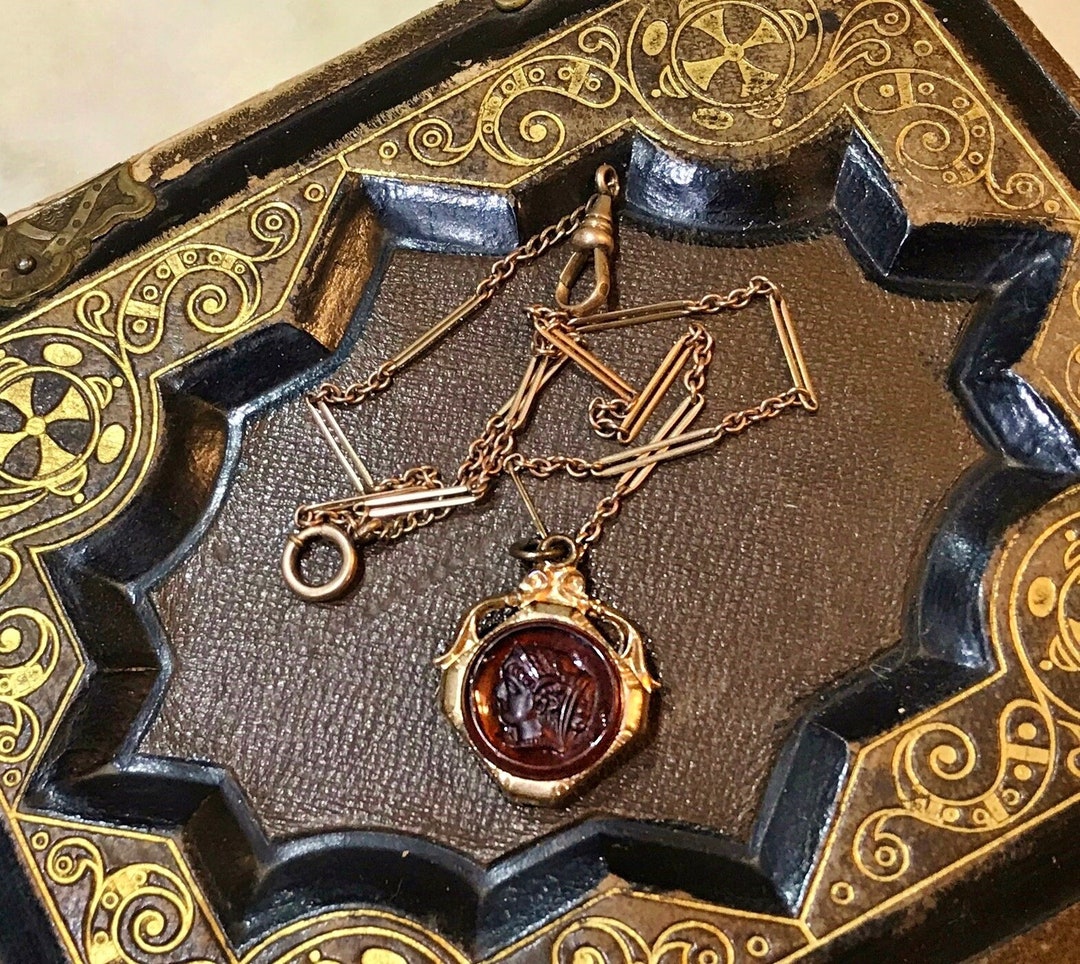 Antique WATCH FOB and Chain, Gold Fill Trombone Paper Clip Chain, Greek ...