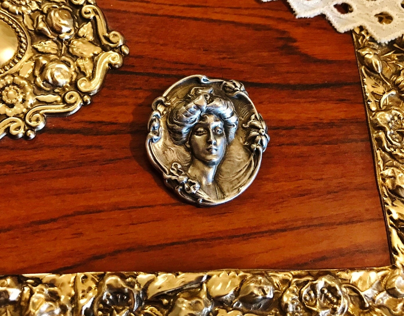 GIBSON GIRL Sterling Pin, Antique Silver Repousse Brooch, Hollow Pin, C ...