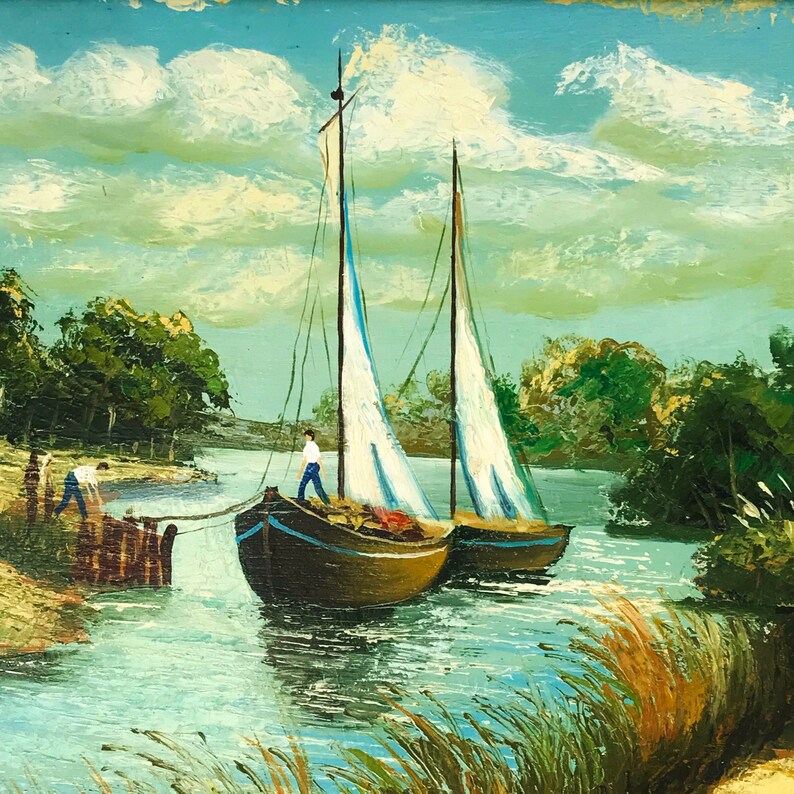 Vintage Coastal Marsh Oil Painting: Boats by L. Duchamp, Gold Frame - Etsy