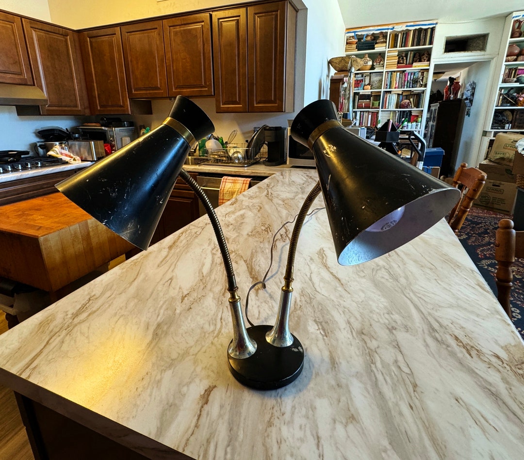 DOUBLE GOOSENECK LAMP, Vintage Black and Silver With Brass Accents ...