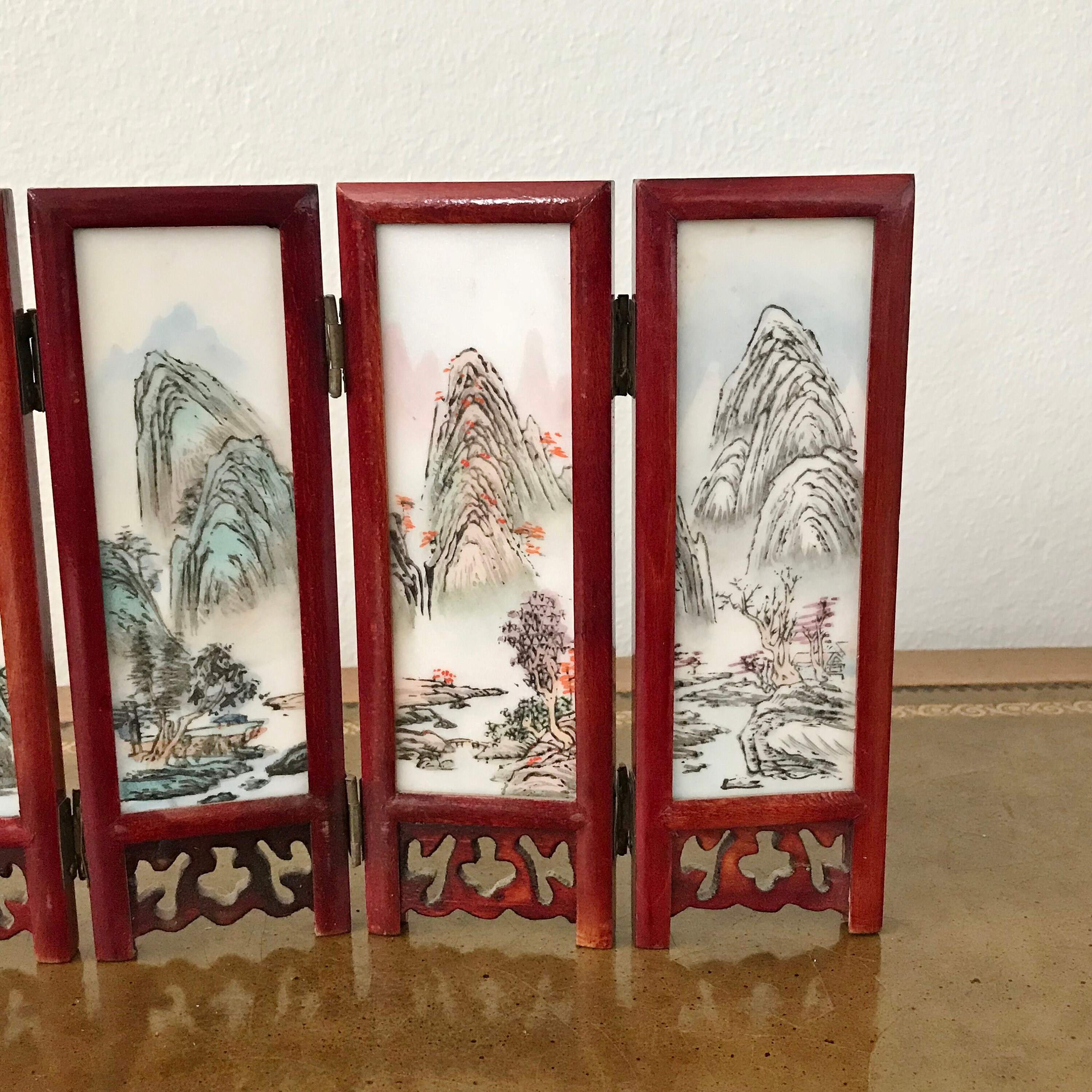 MINIATURE Japanese FOLDING SCREEN, Rosewood and Marble, Folding 4 Panel ...