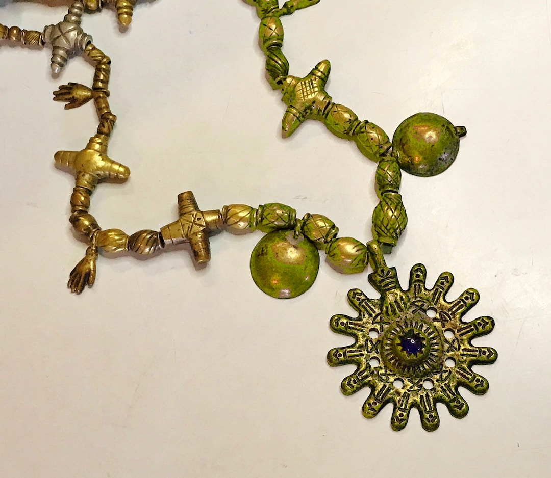 AFRICAN BRASS DOGON Sun Necklace, Vintage Baule Cross Beads, Brass ...