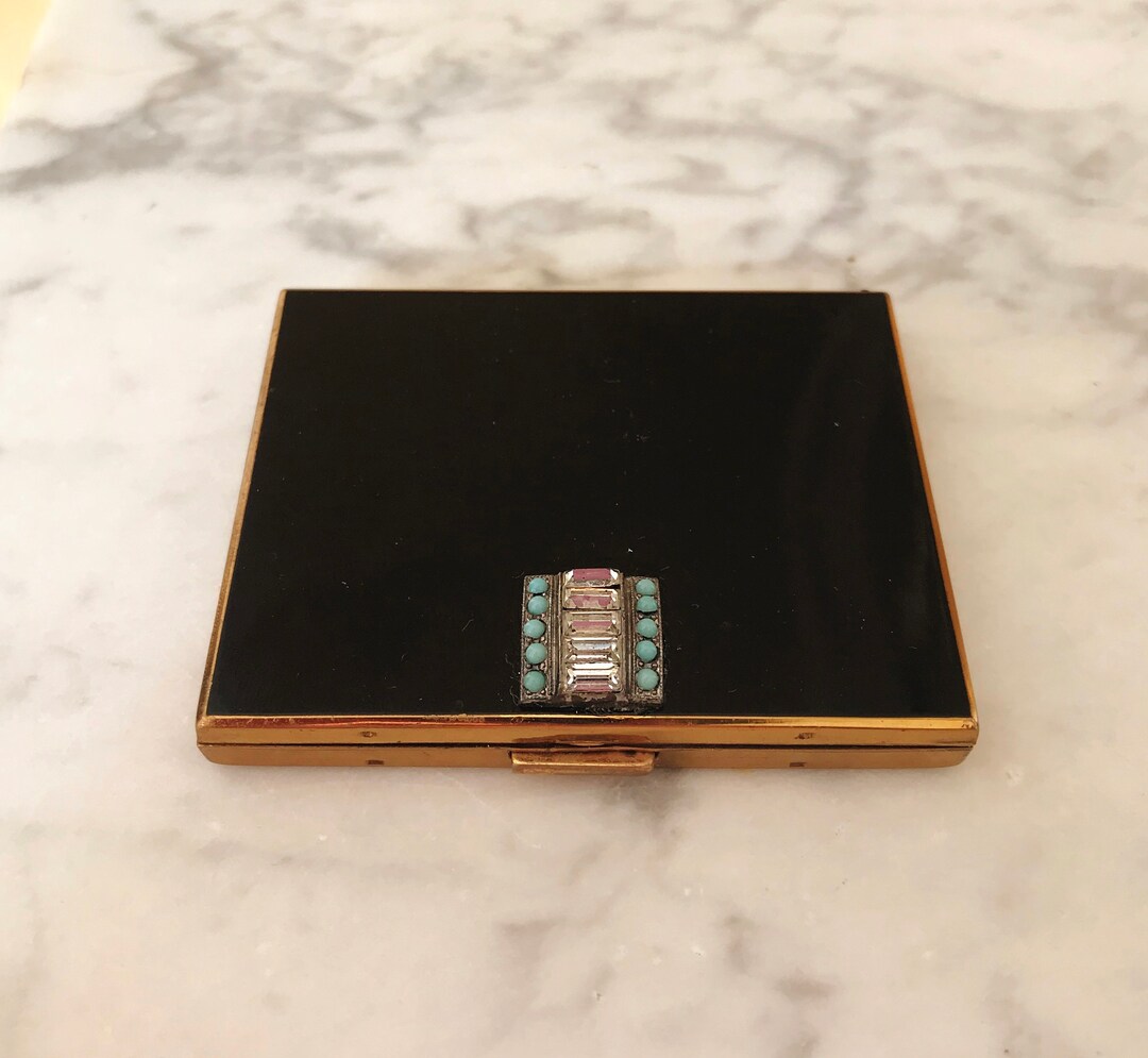 ELGIN AMERICAN COMPACT, Vintage Black and Gold Compact, Rouge and ...