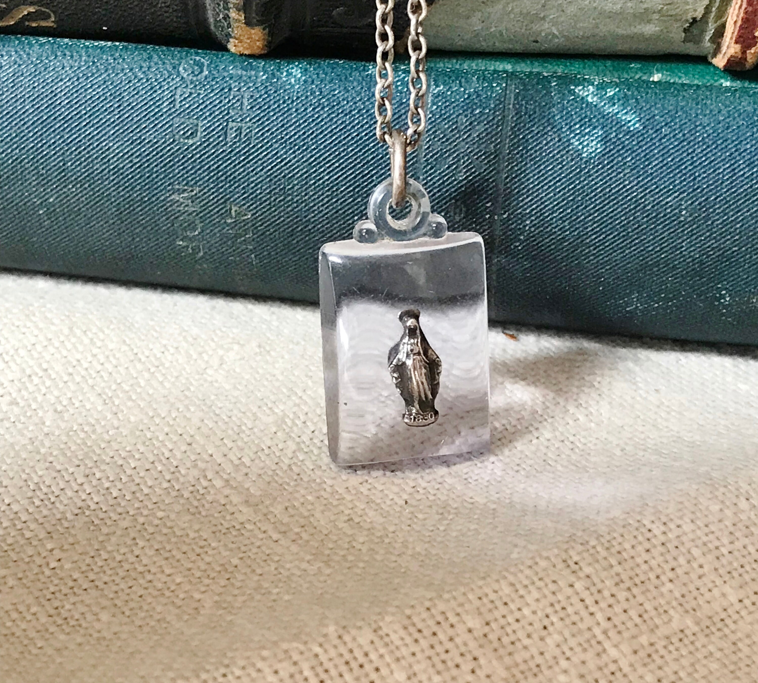 Sterling VIRGIN MARY 1830 Pendant, Necklace, Clear Plastic Lucite ...