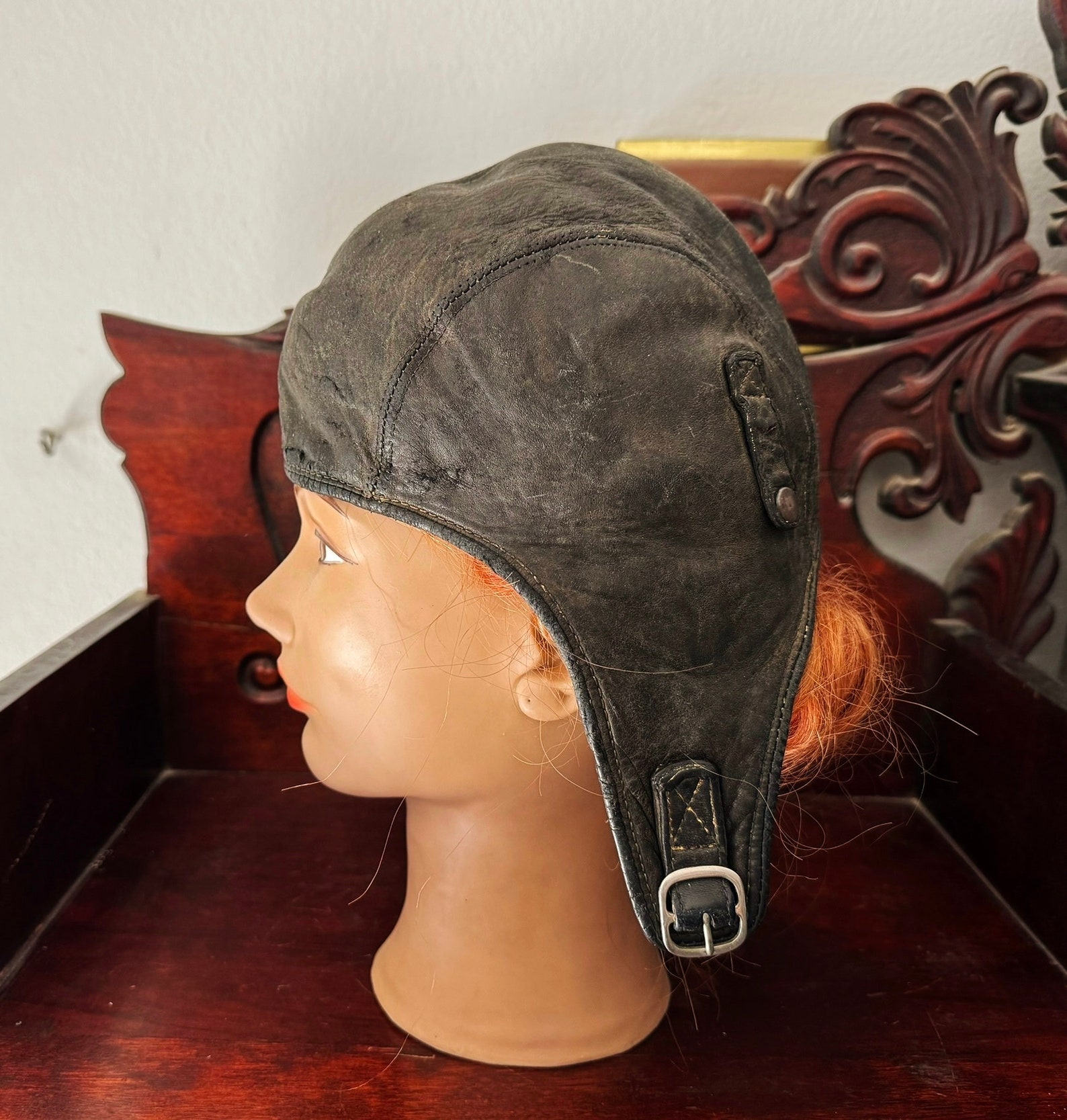 Vintage BUCO AVIATOR Skull Cap, WWII Era Brown Leather Pilot Hat With ...