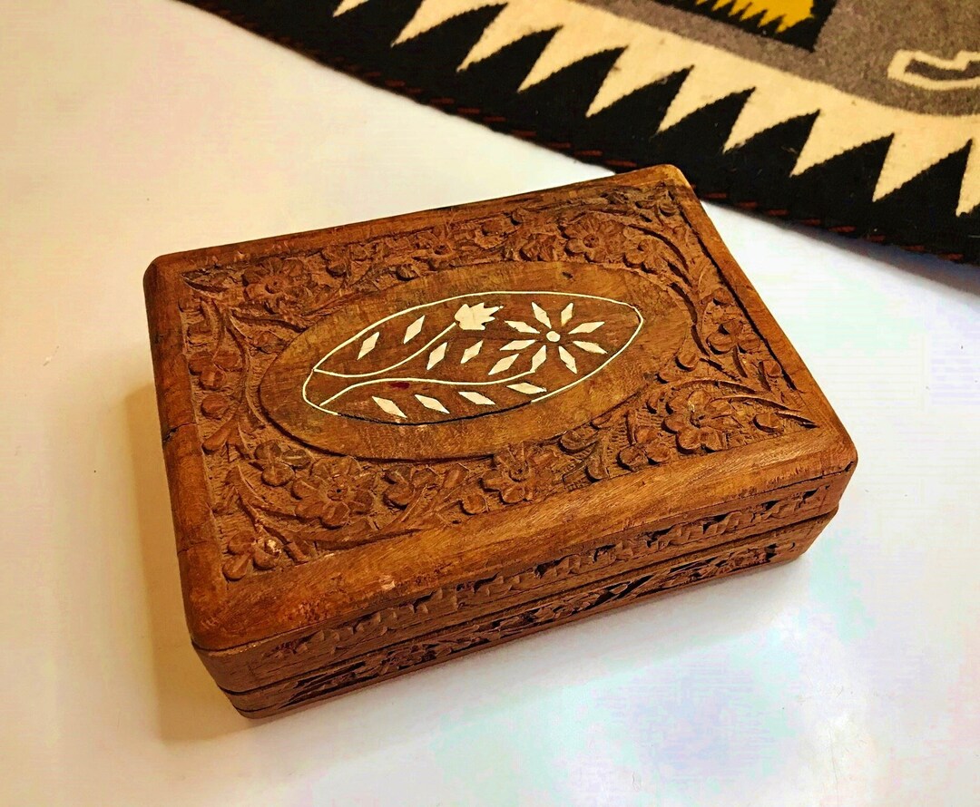SHEESHAM Wood BONE FLOWER Inlay Box, Vintage Hand Carved Wood Jewelry ...