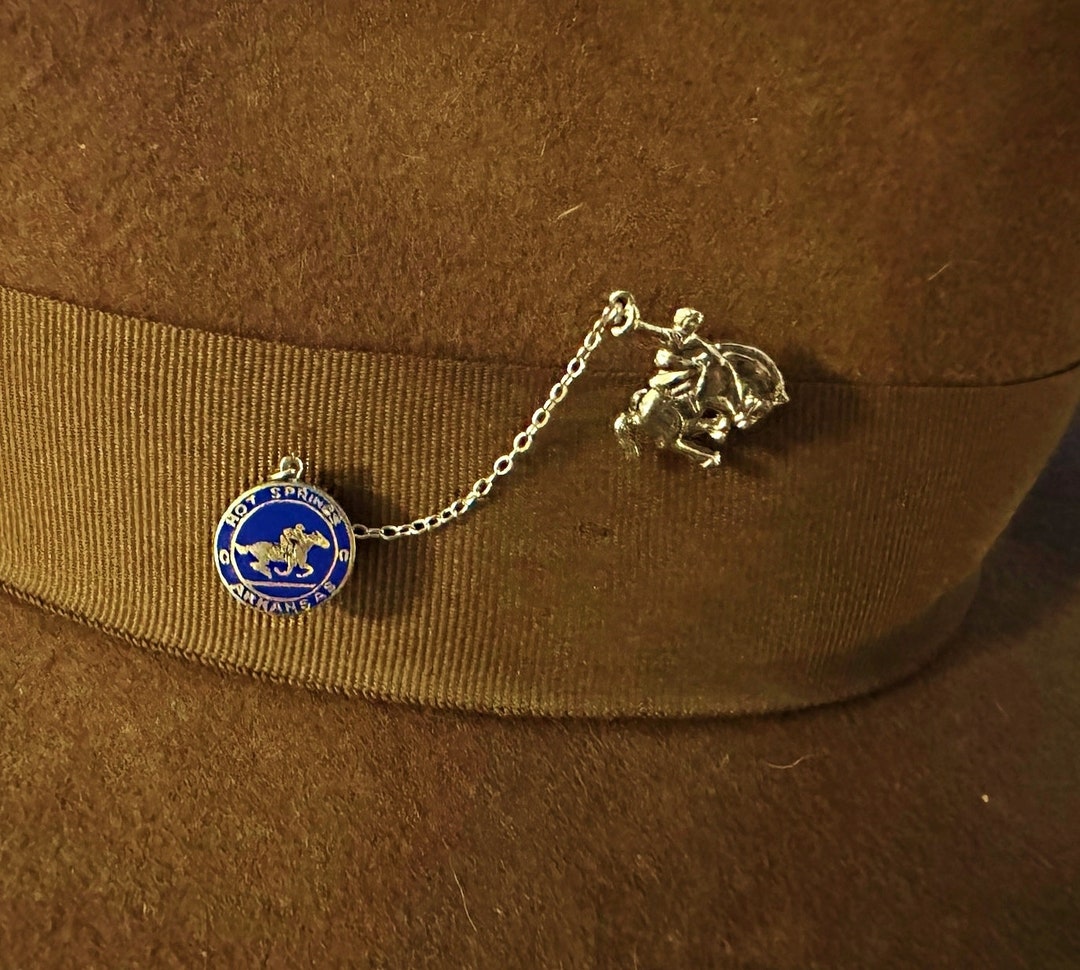 Rodeo Cowboy Lapel CHAIN Pin, Hot Springs Arkansas, Silver Plated Blue ...