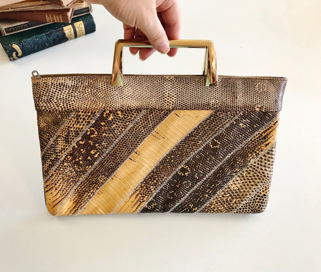 SNAKESKIN PURSE by Bags by VARON, Vintage Gold Handle Purse, Diagonal ...