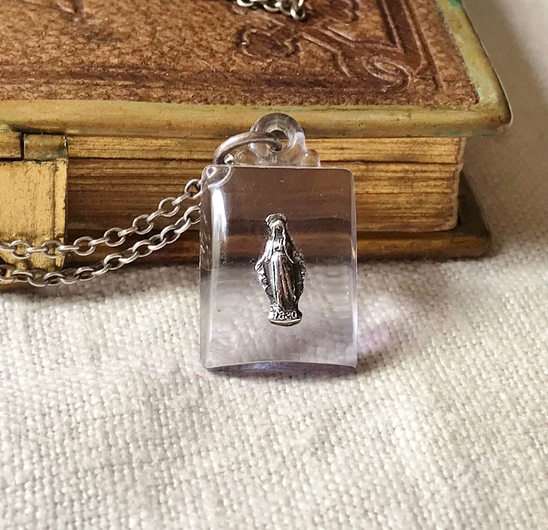 Sterling VIRGIN MARY 1830 Pendant, Necklace, Clear Plastic Lucite ...
