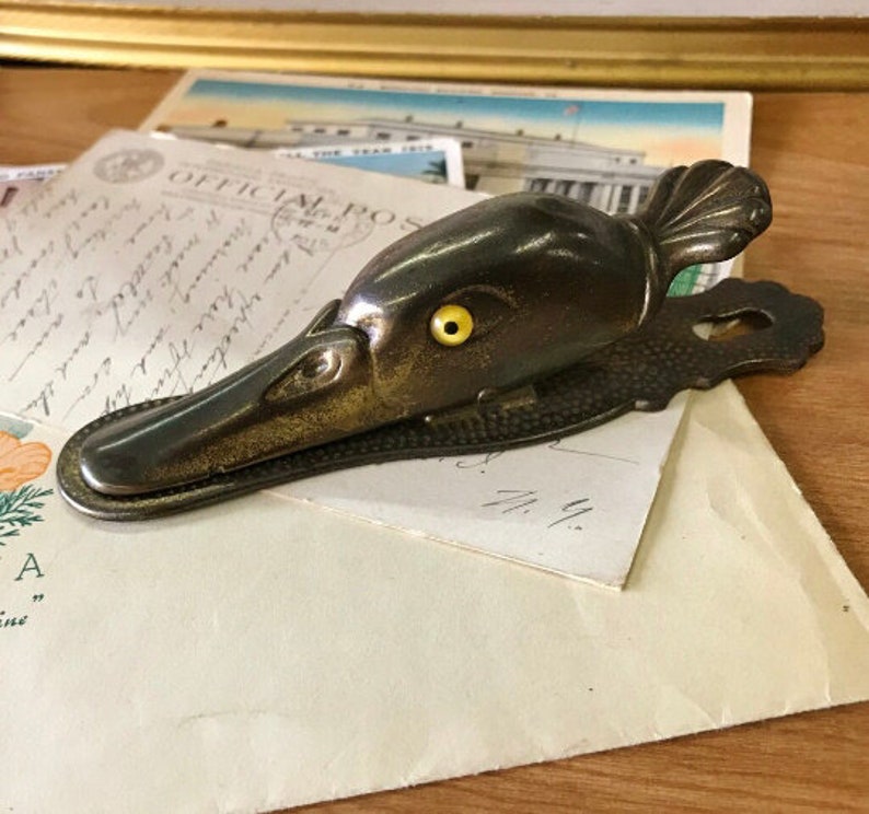 DUCK HEAD Paper Clip, Antique Cast Iron CLAMP, Victorian Mallard Duck ...