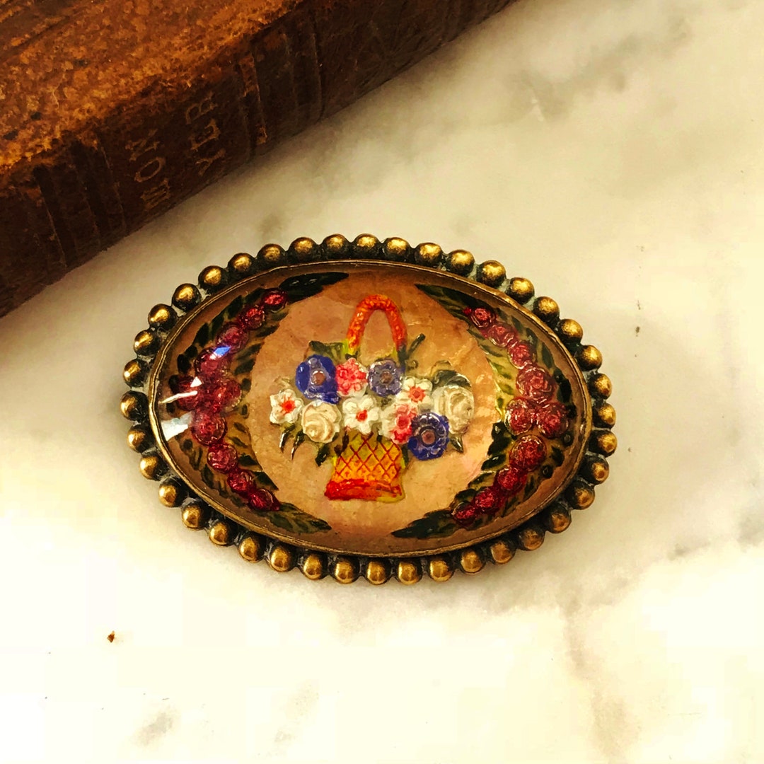 INTAGLIO FLOWER Basket PIN, Antique Brooch, Reverse Painted Glass Pin ...