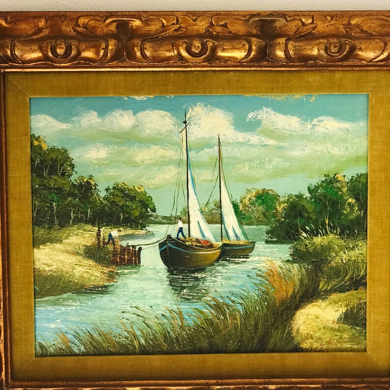 Vintage Coastal Marsh Oil Painting: Boats by L. Duchamp, Gold Frame - Etsy