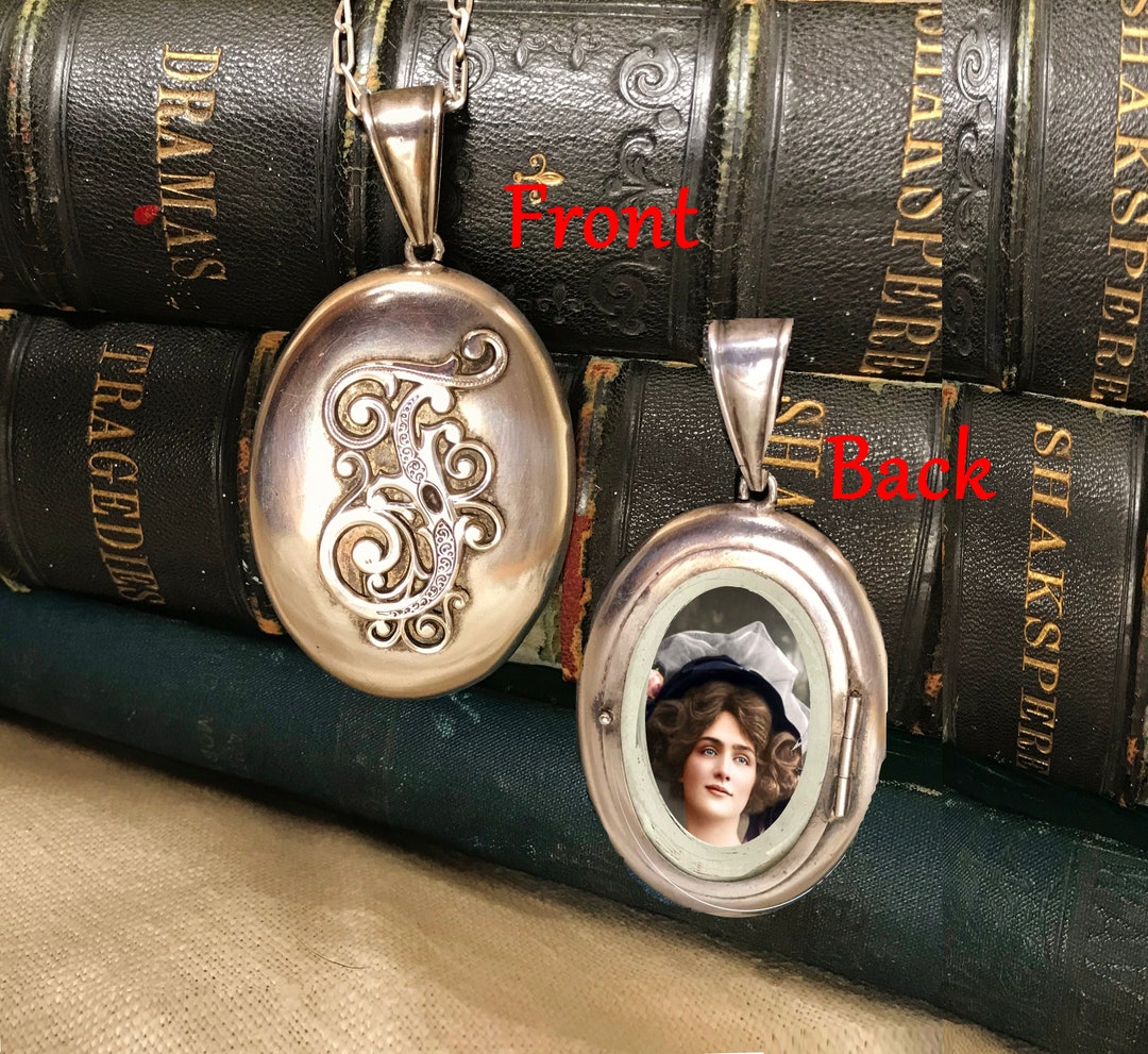 Victorian STERLING LOCKET, Antique f Monogram Gothic PENDANT, Glass ...