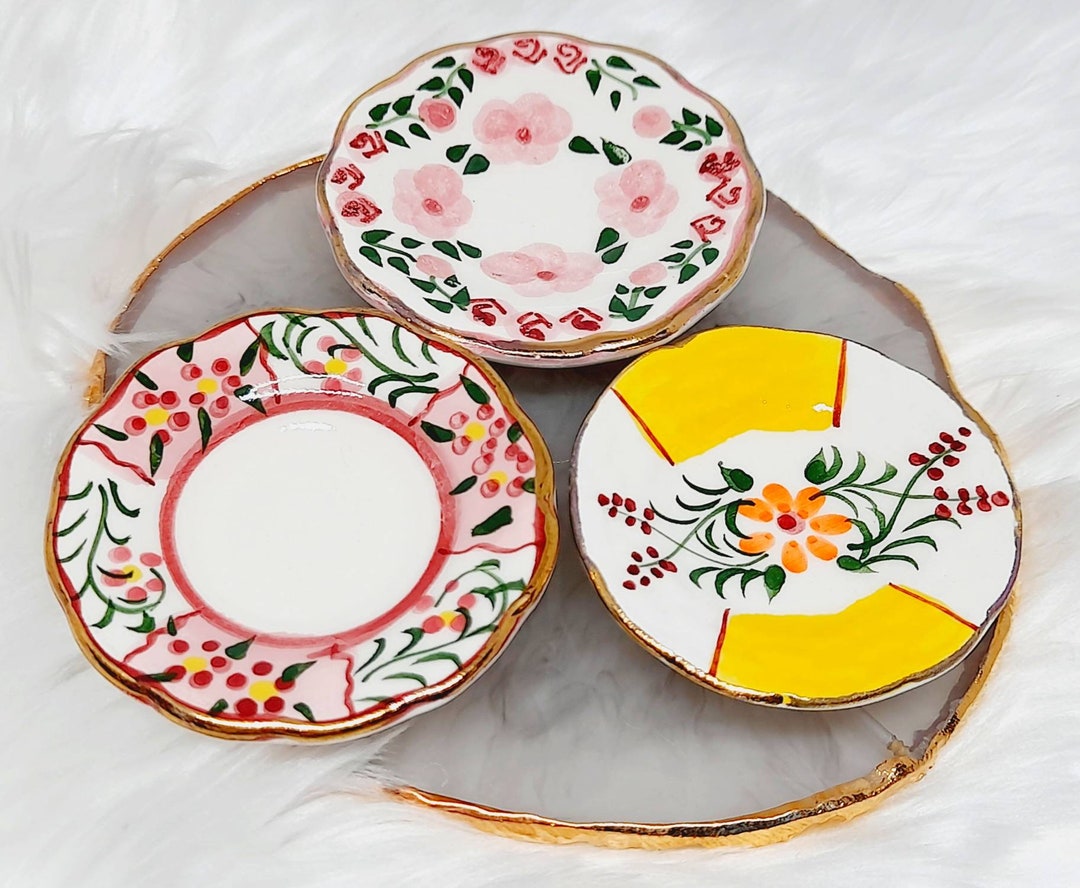Set of 3 Miniature Floral Plates | Handmade Floral Plates Set | 1:6 ...