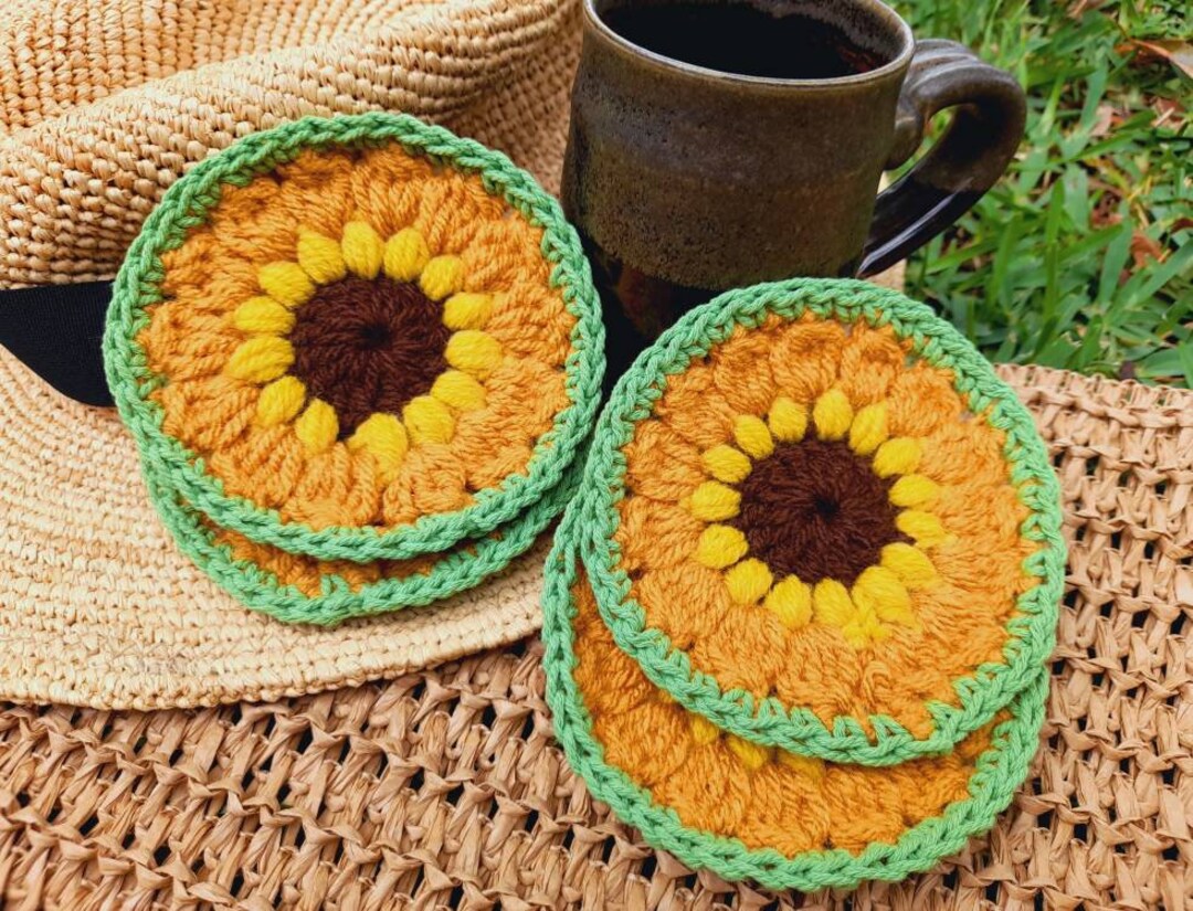 Crochet Sunflower Coasters, Set of 4 Sunflower Coasters, Crochet Craft ...