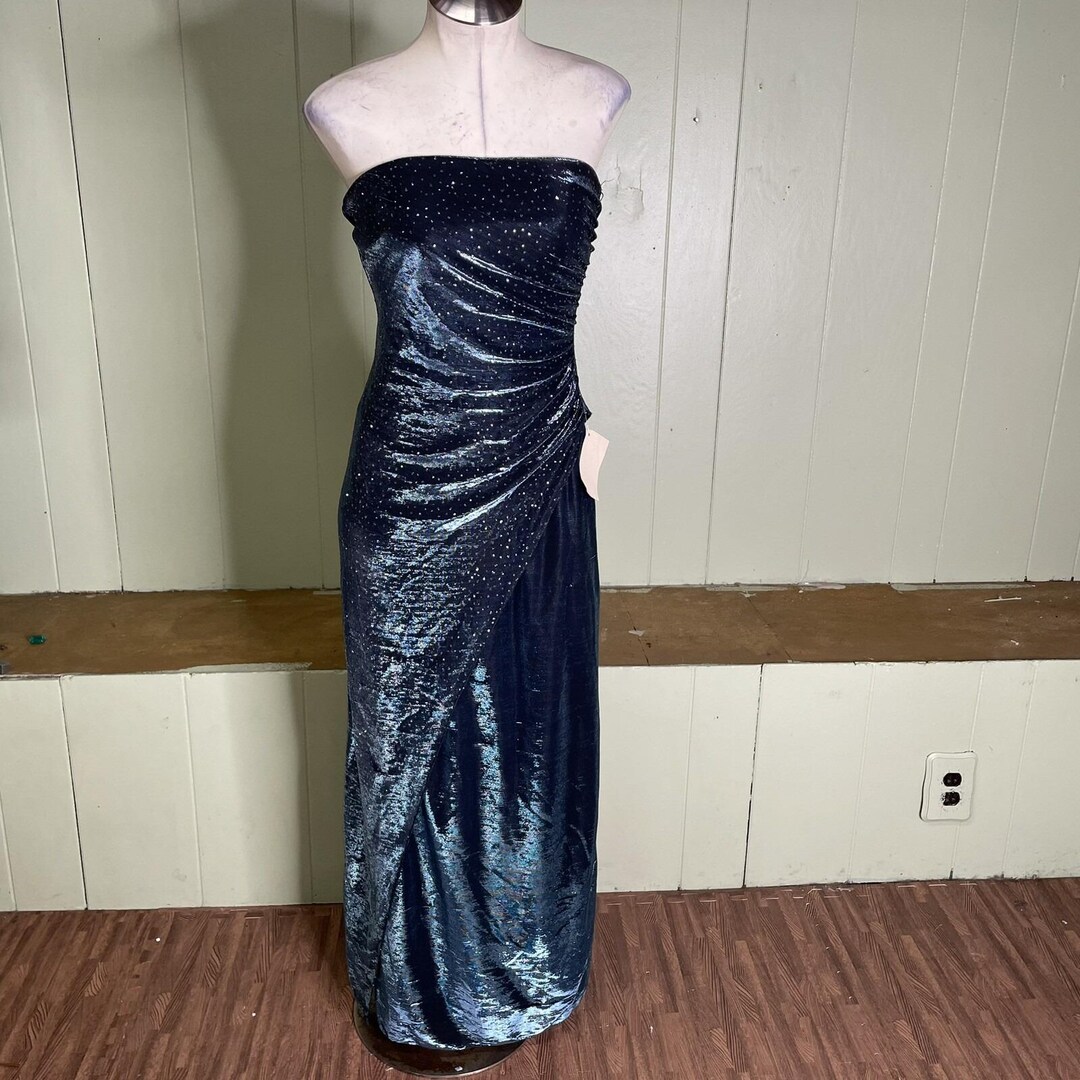 Vintage 90s Y2K A Fortiori Blue Glitter Stretchy Strapless Prom Maxi ...