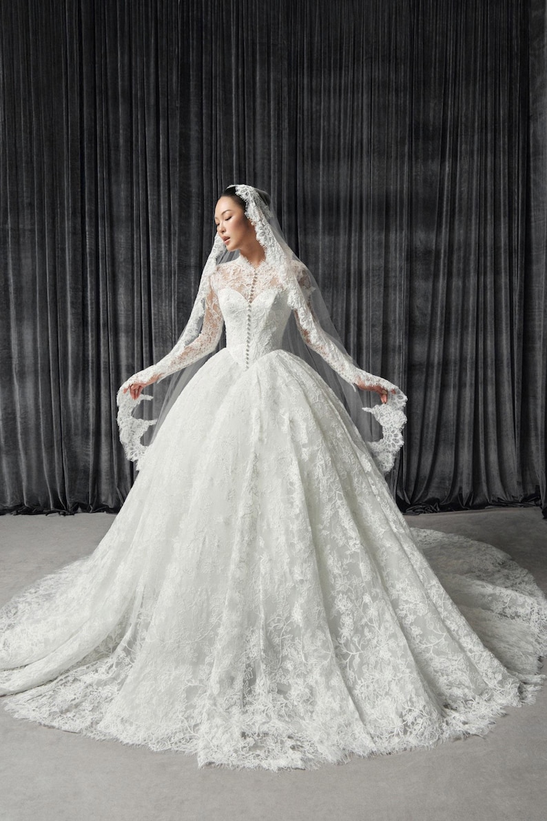 Vintage French Lace Ball Gown Wedding Dress, Long Sleeves, Corset ...