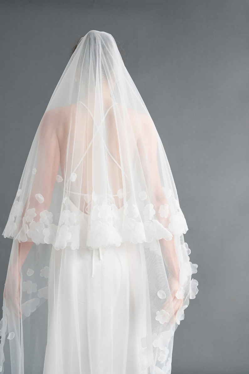 Floral Organza Edge Wedding Veil With Blusher | Floor Length Tulle - Etsy