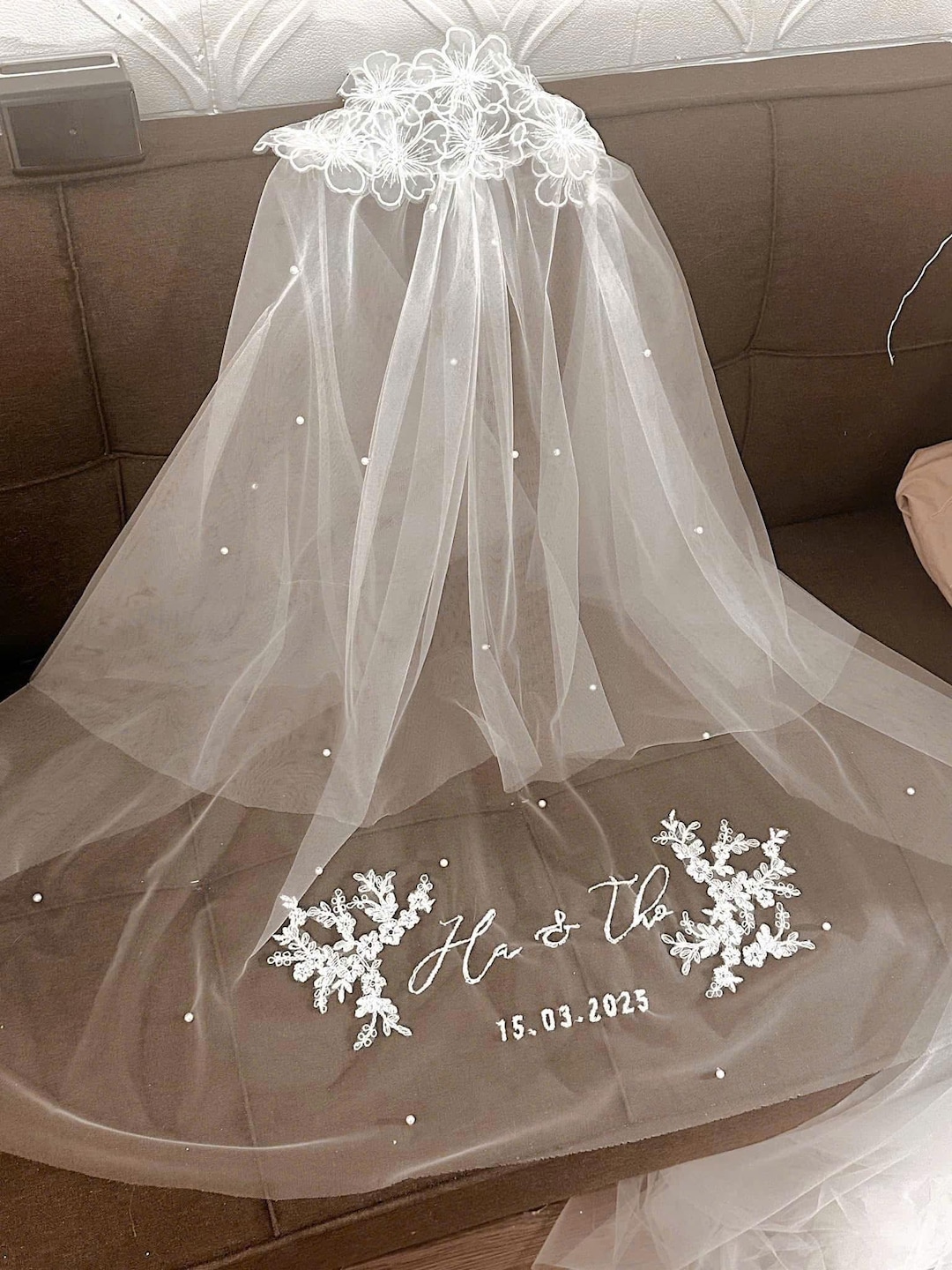 Custom Hand Embroidered Wedding Veil — Personalized Name & Date Veil ...