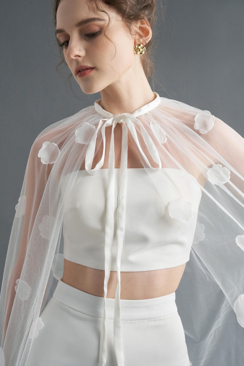 Sheer Tulle Wedding Cape – Floral Appliqué Bridal Cape With 3D Organza Flowers - Etsy