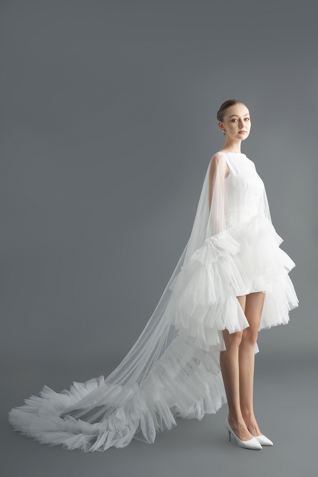 Layered Tulle Bridal Cape With Dramatic Ruffle Train and Baby Hem ...