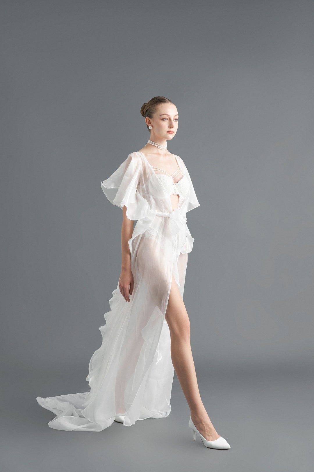 Wedding Robe With Train / Glossy Shine Bridal Robe / Sheer Wedding Robe ...
