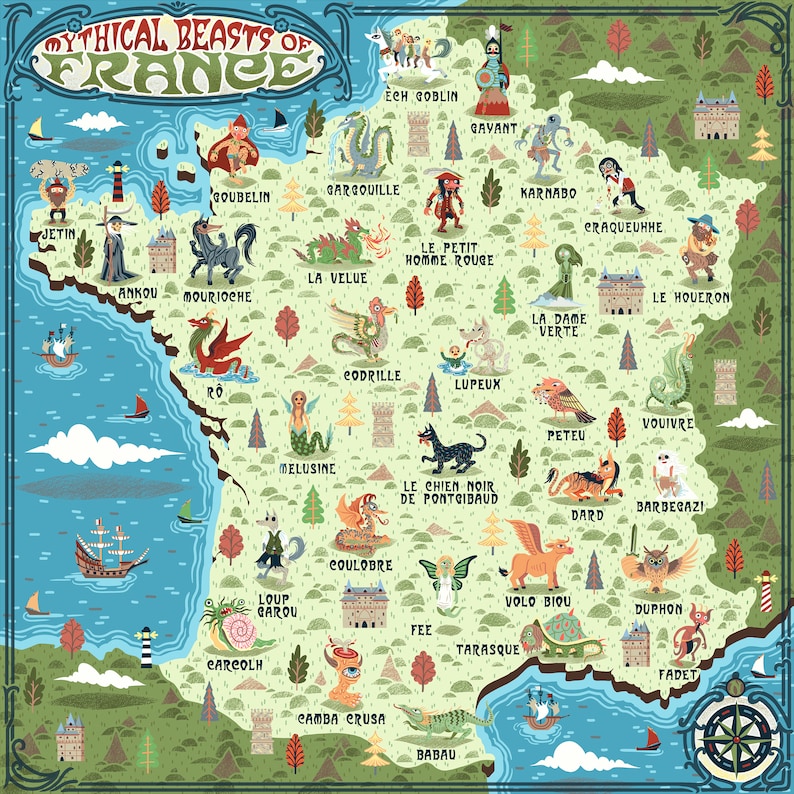 Illustrated Map Mythical Beasts of France Art Print - Etsy