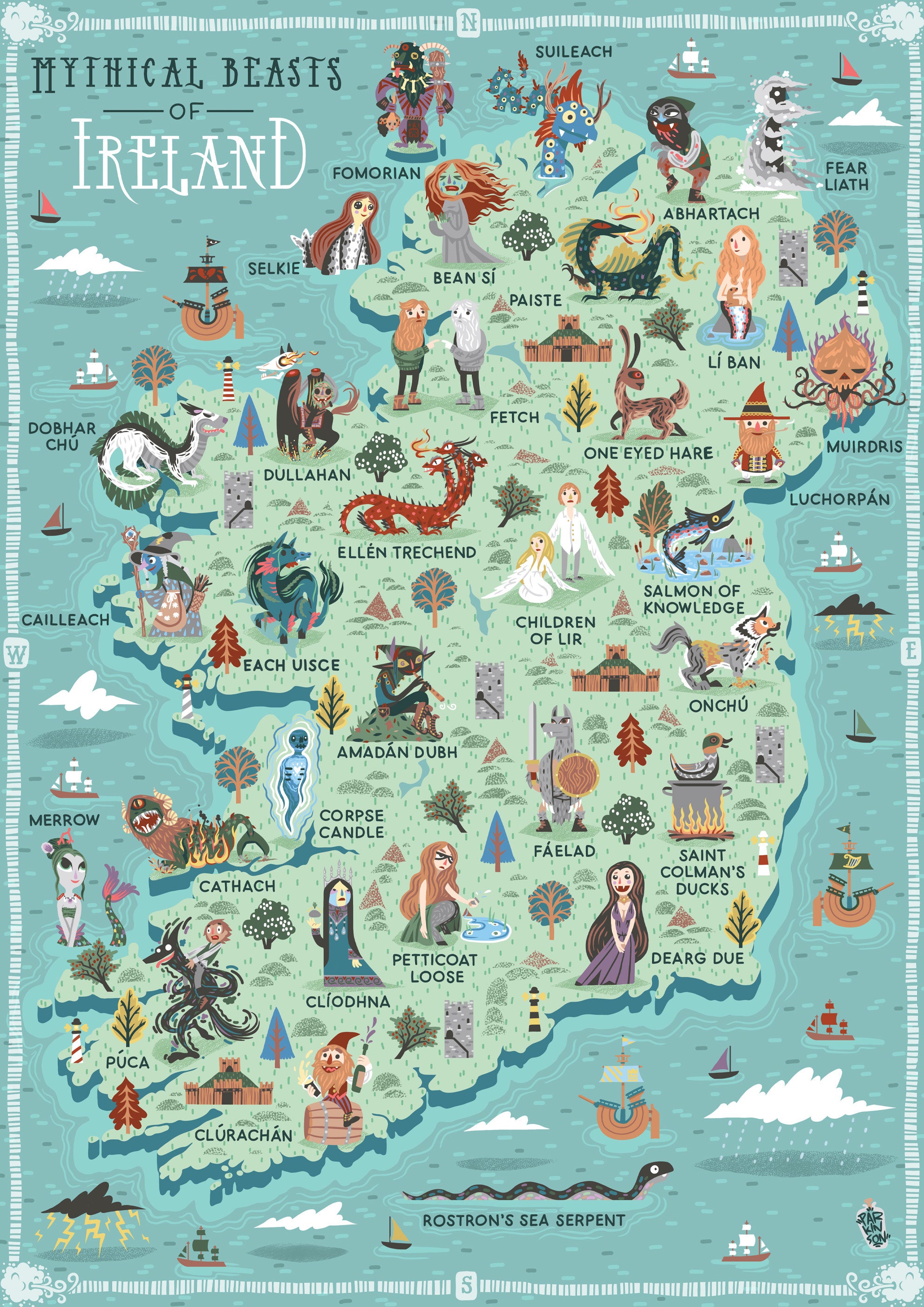 Illustrated Map Mythical Beasts of Ireland A3 Digital Print | Etsy UK