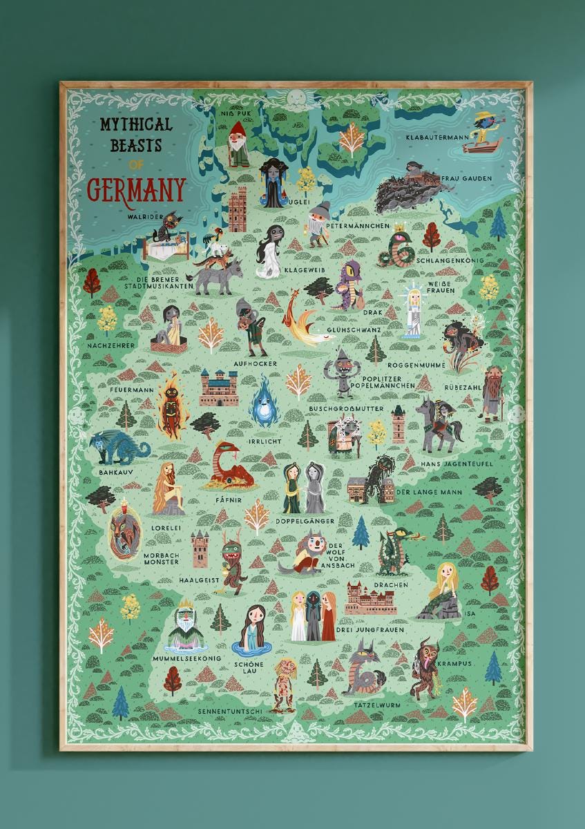 Mythical Beasts of Germany : an Illustrated Map - A3 Art Print - Poster ...