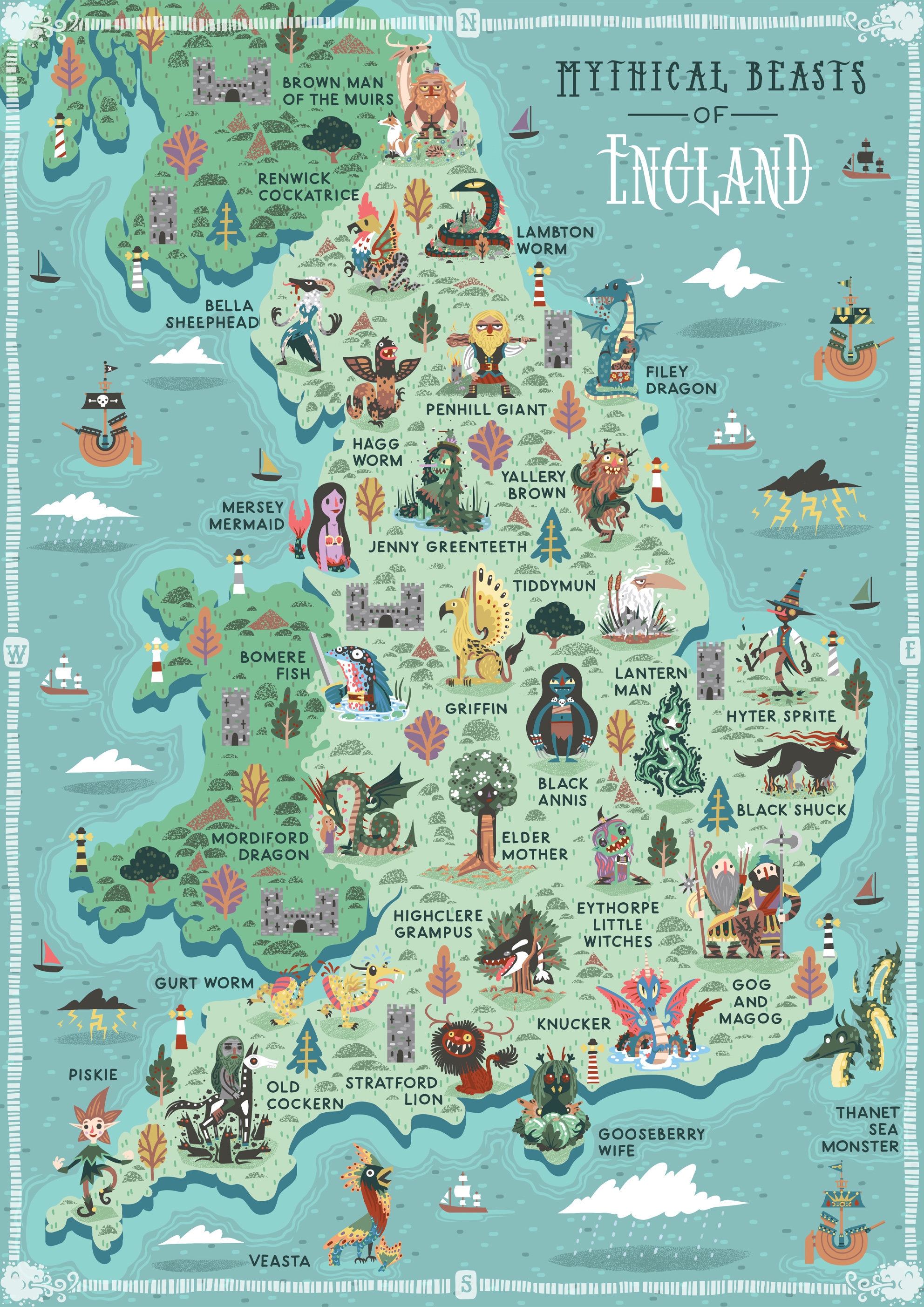 Illustrated Map Mythical Beasts of England A3 Art Print - Etsy UK
