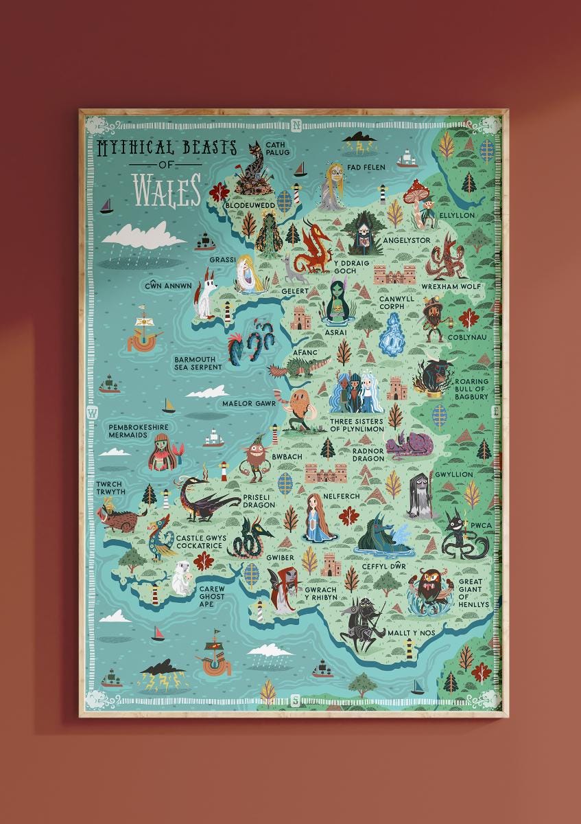 Illustrated Map, Mythical Beasts of Wales, A3 Art Print - Poster - Etsy UK
