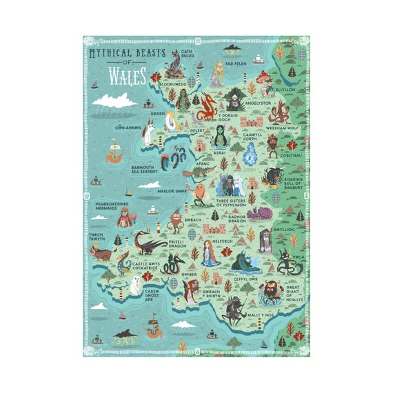 Illustrated Map Mythical Beasts of Wales A3 Art Print - Etsy UK
