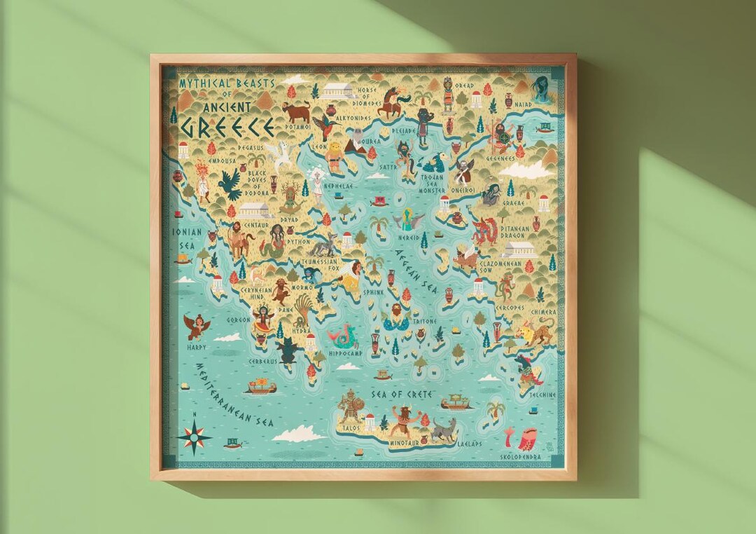 Mythical Beasts of Ancient Greece - Illustrated Map - Fine Art Giclee Print - Etsy