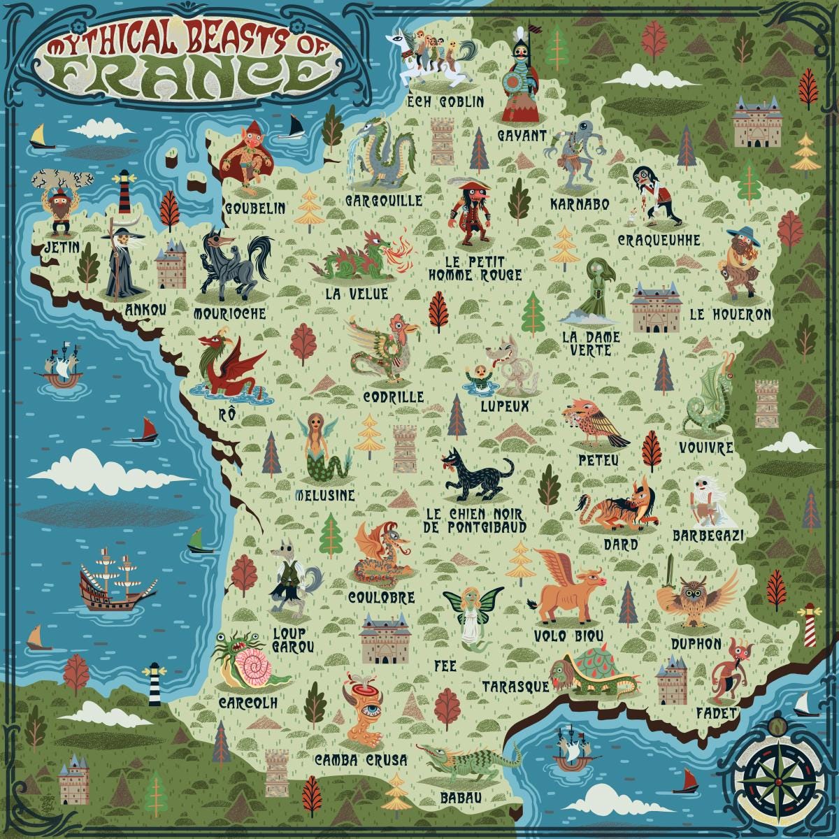 Illustrated Map, Mythical Beasts of France, Art Print - Poster - Etsy