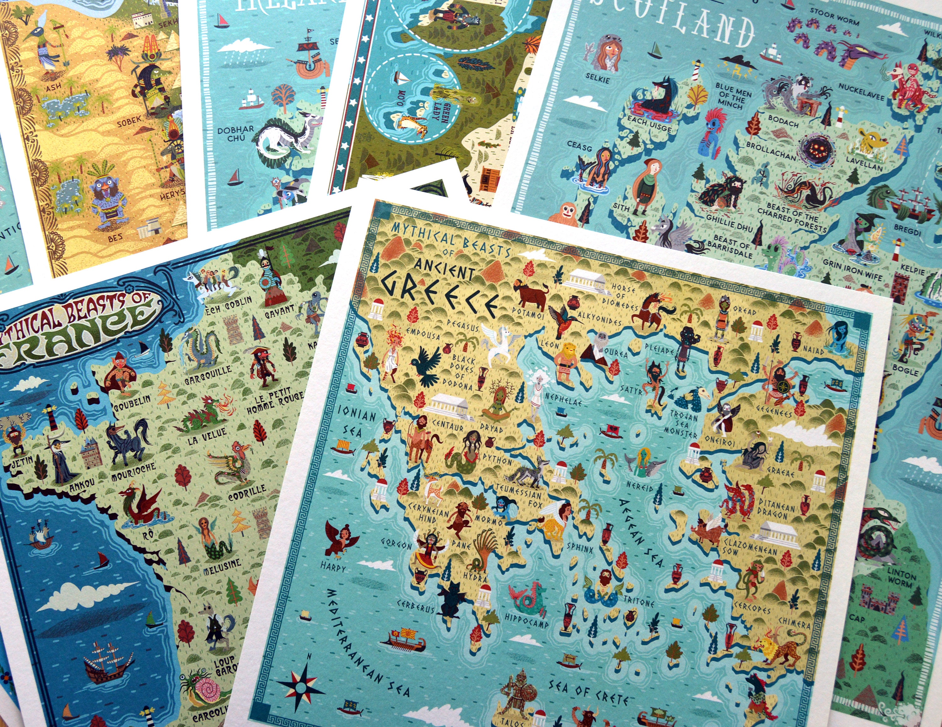 Illustrated Map, Mythical Beasts of Ancient Greece, Art Print -poster ...