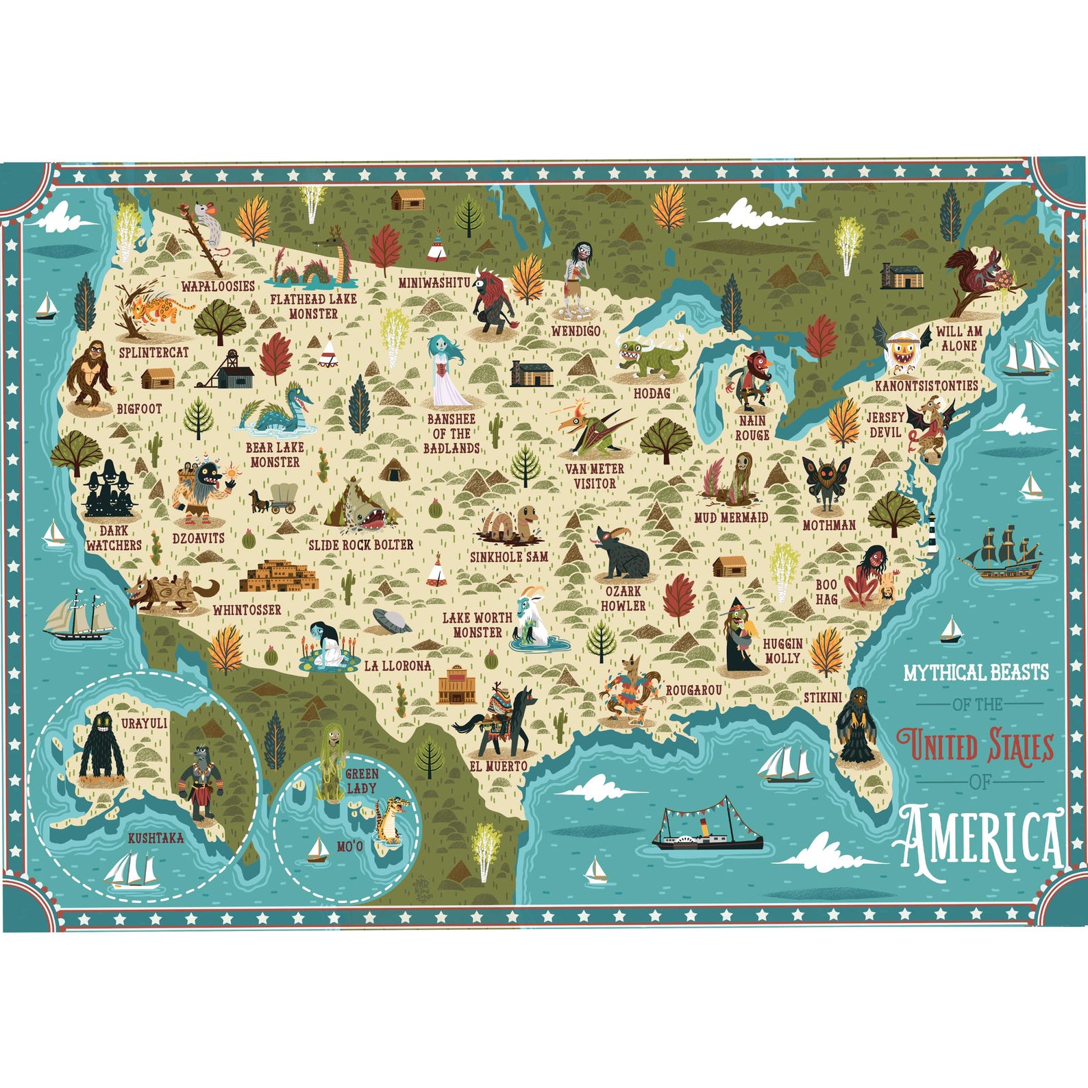 Illustrated Map, Mythical Beasts of the United States of America, A3 ...