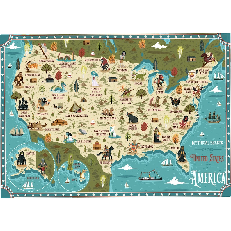 Illustrated Map, Mythical Beasts of the United States of America, A3 ...