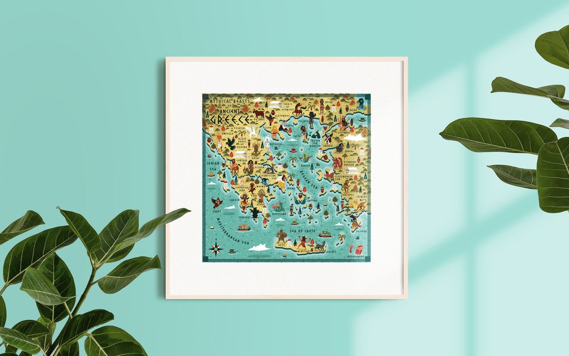 Illustrated Map Mythical Beasts of Ancient Greece Art Print - Etsy UK