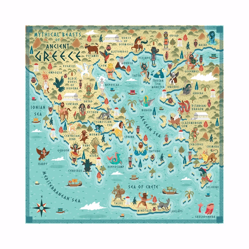 Illustrated Map Mythical Beasts of Ancient Greece Art Print - Etsy