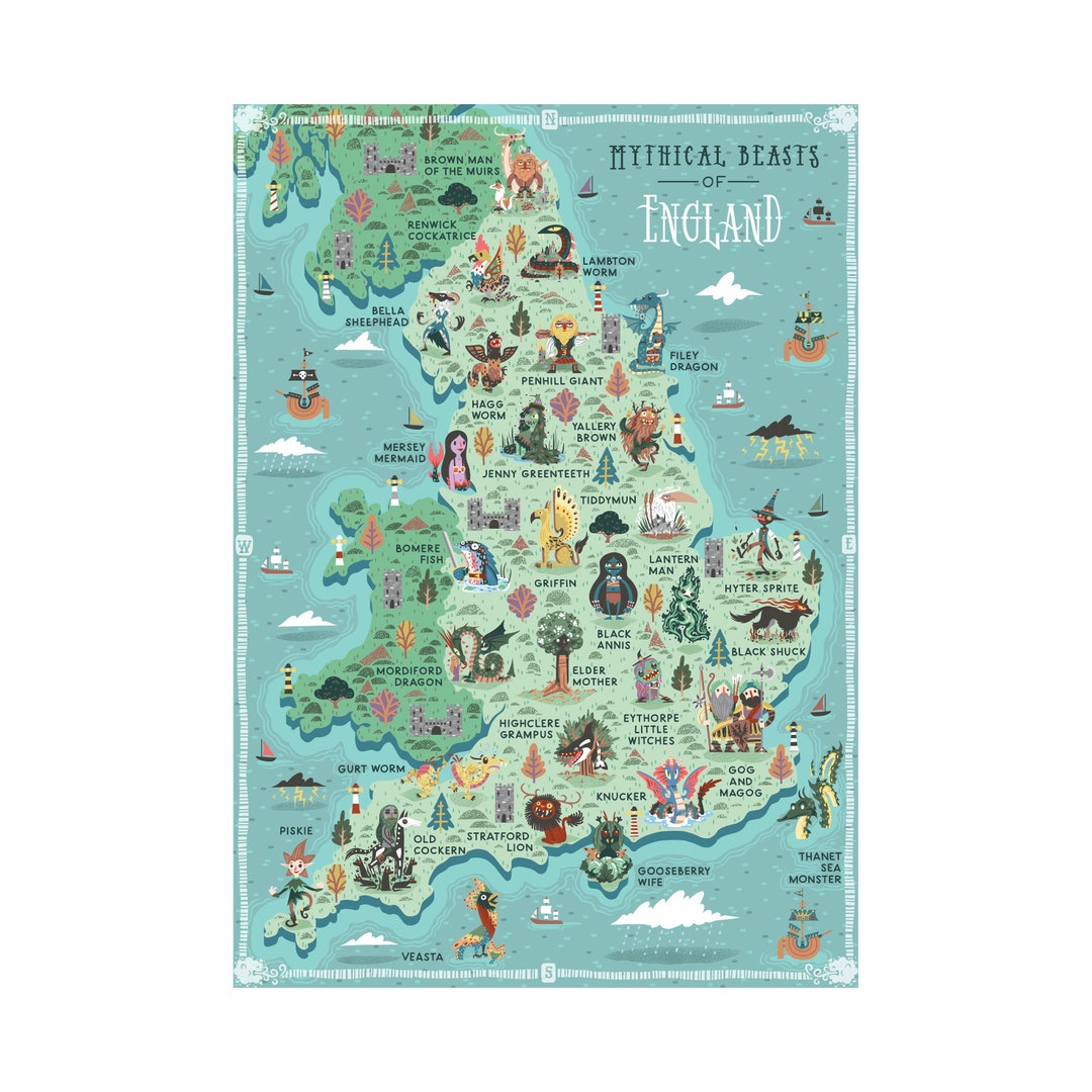 Illustrated Map, Mythical Beasts of England, A3 Art Print Active - Etsy UK